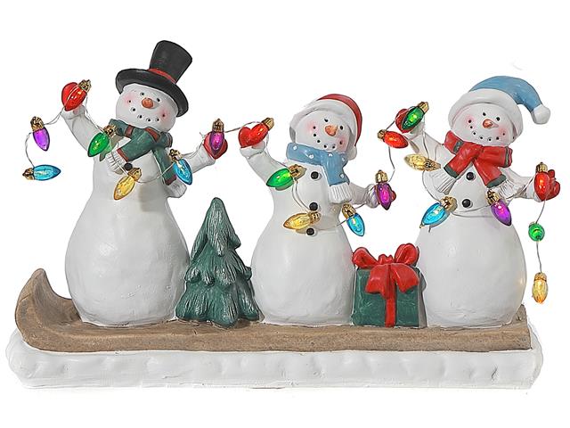 LED RESIN TRIPLE SNOWMAN DÉCOR ON TOBOGGAN - IH Casadecor